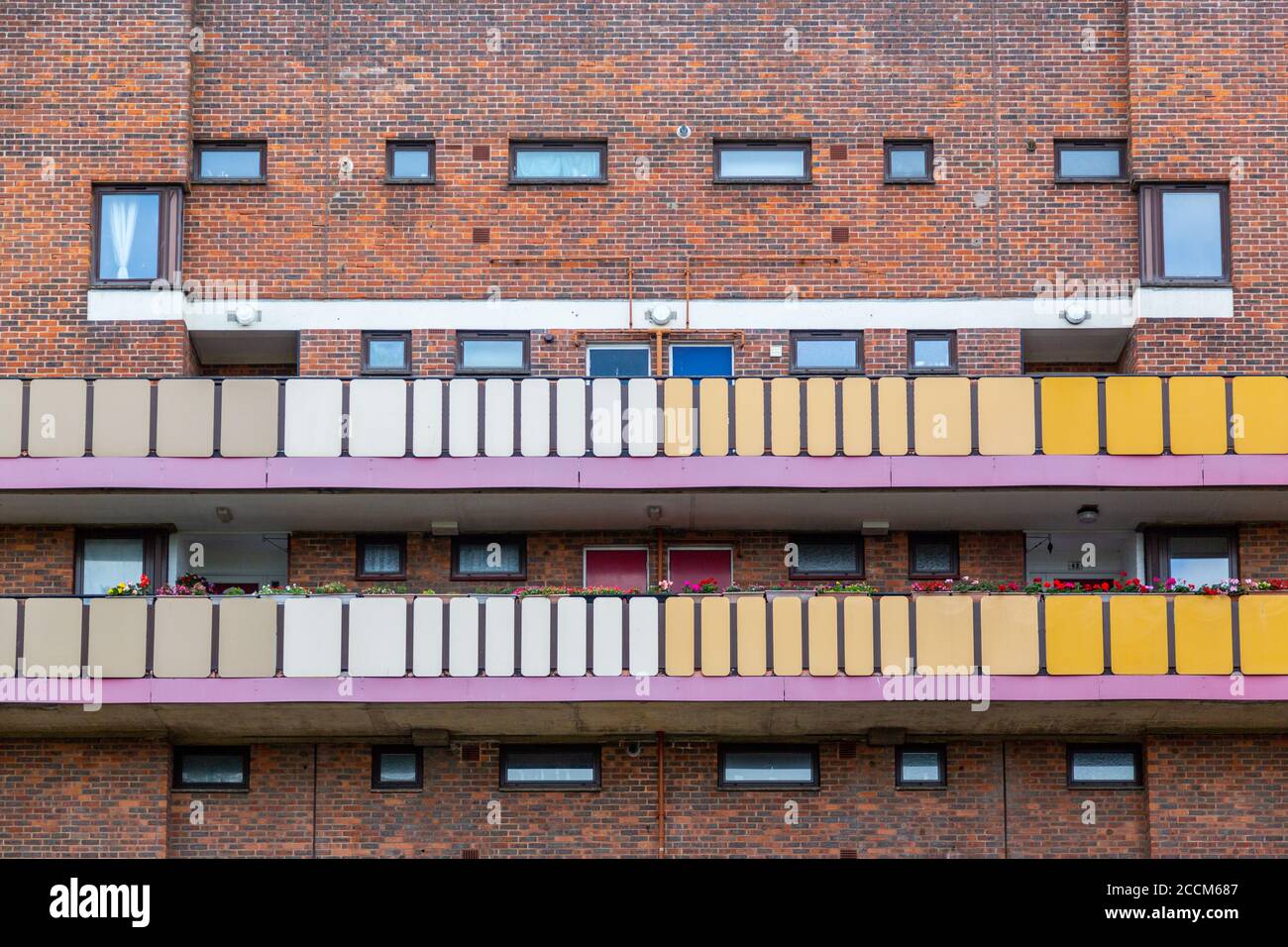A balconies on the exterior of typical social housing in the UK or ...