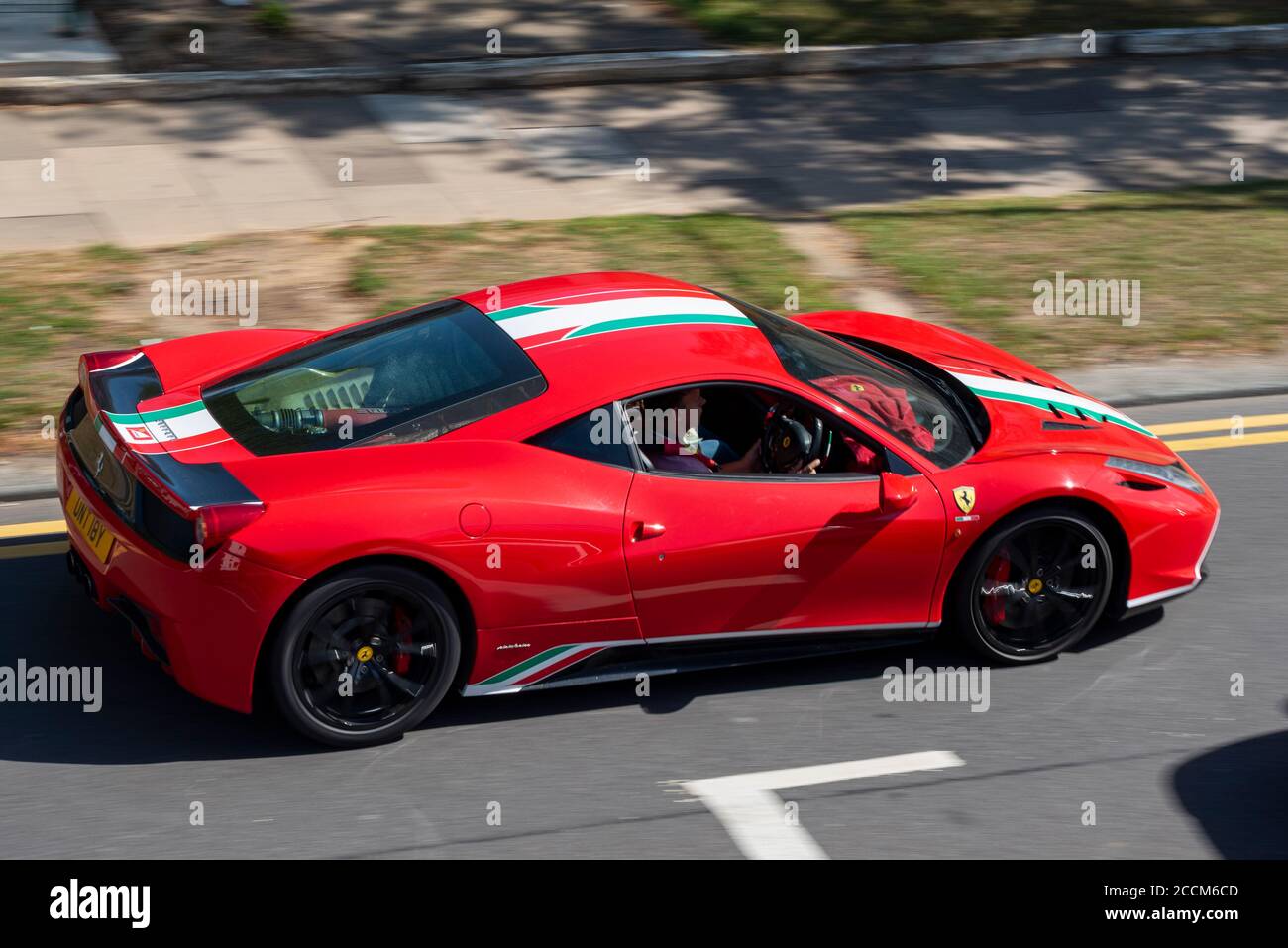 Red Ferrari 458 Italia with Italian flag colours stripe. UNT 18Y. 2011 ...