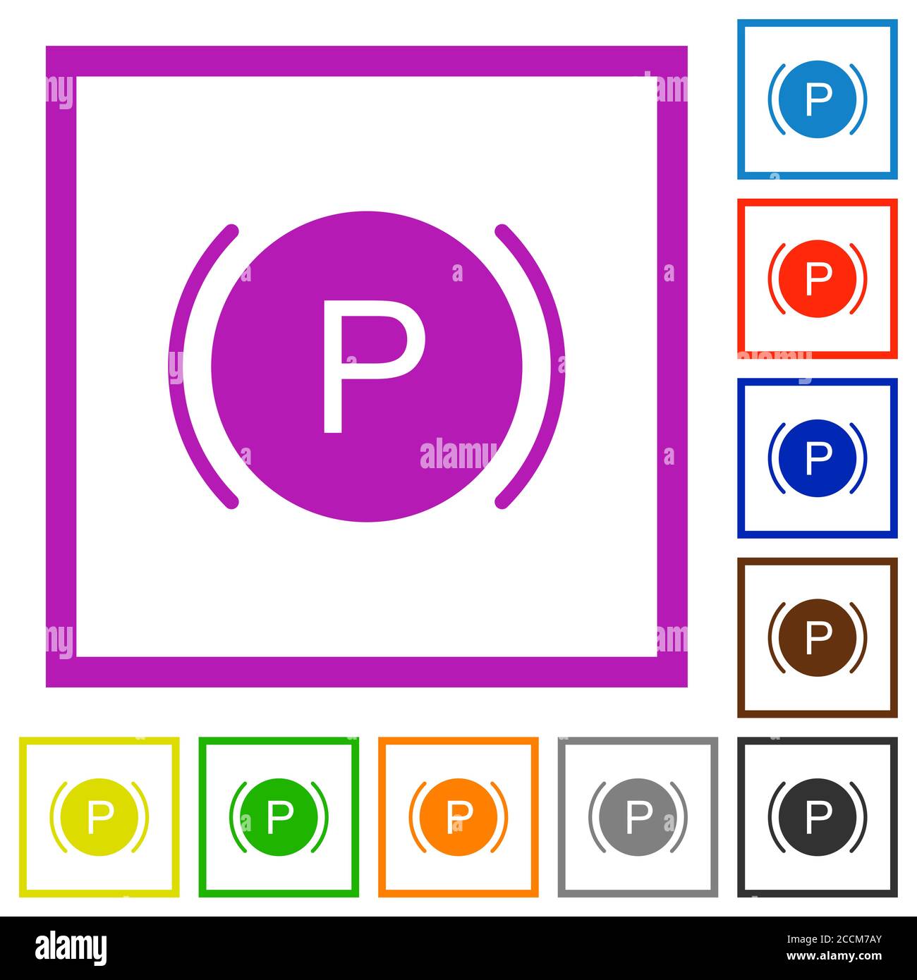 Car dashboard brake warning indicator flat color icons in square frames ...