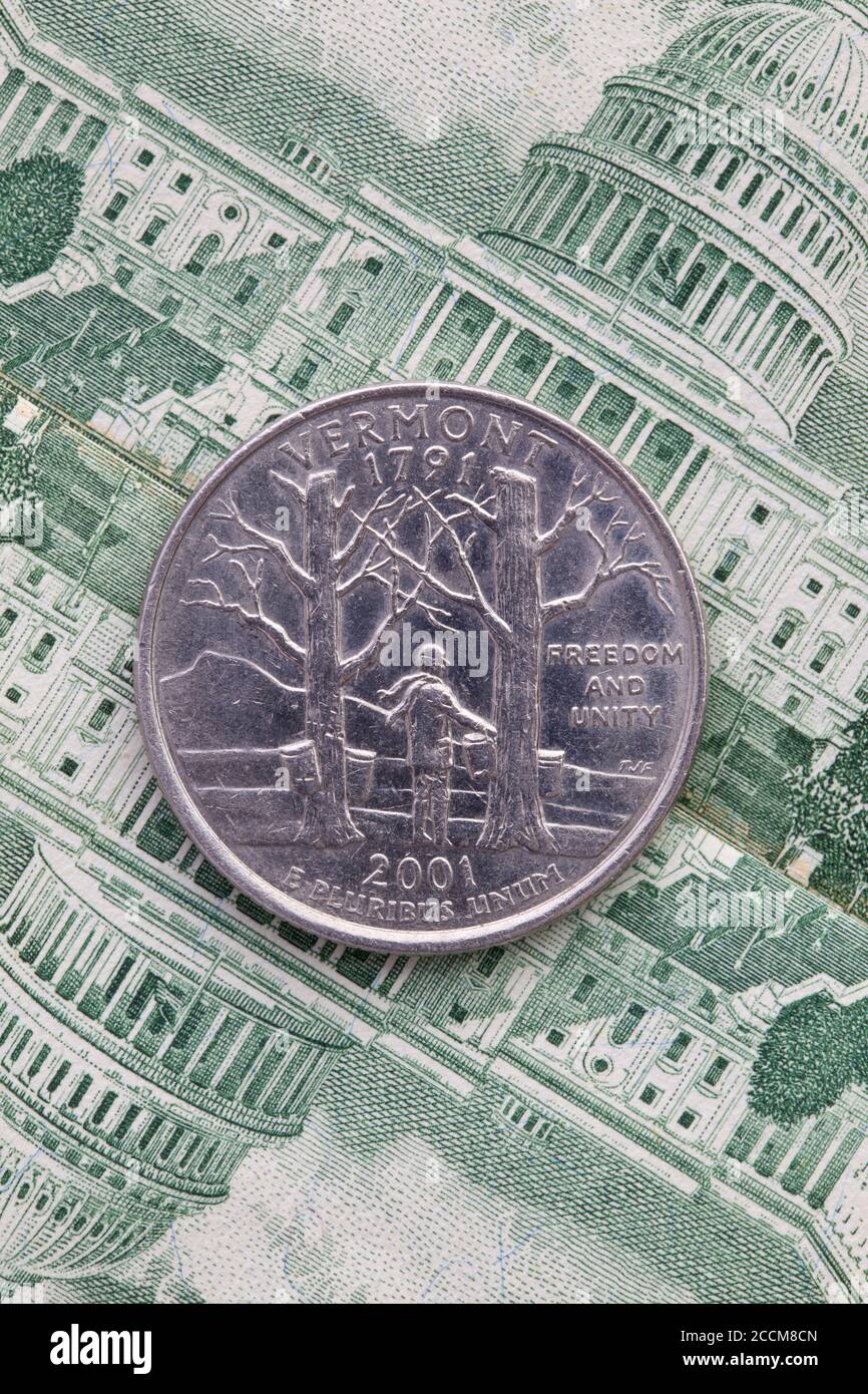 A quarter of Vermont on US dollar bills. Symmetric composition of US ...