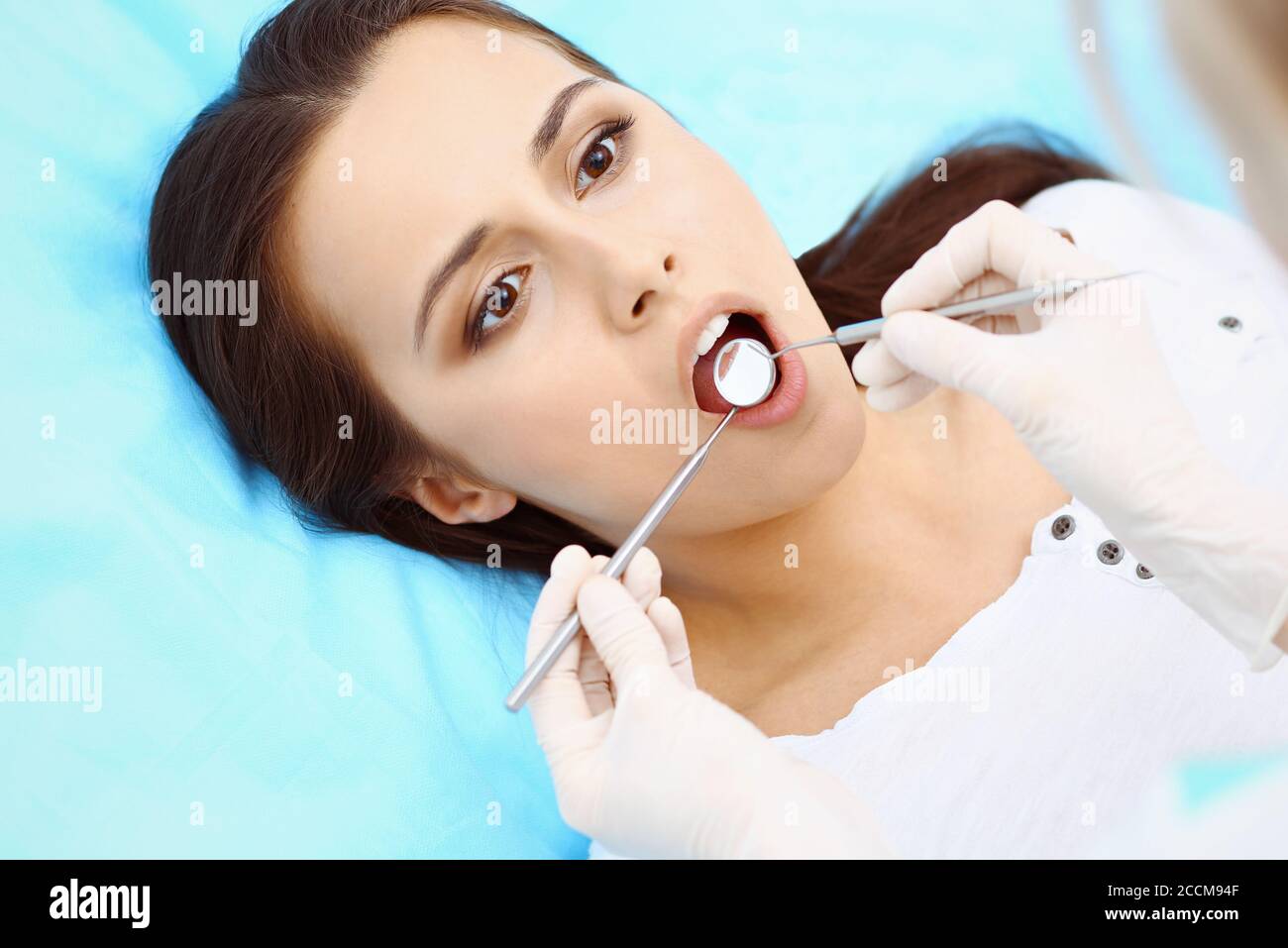 Young Female Patient Visiting Dentist Office Beautiful Woman Feeling