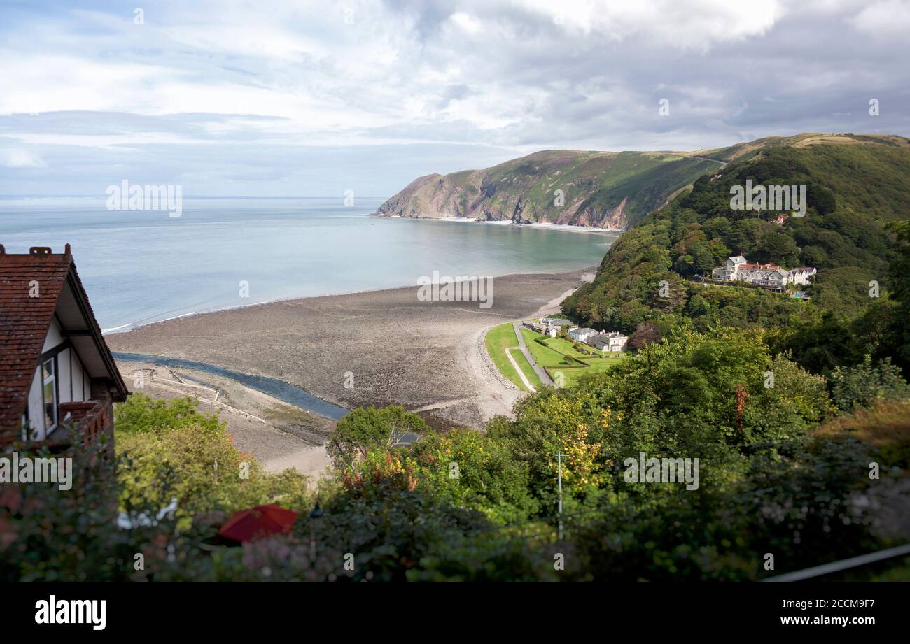 View looking down to the sea, cliffs and beach of Lynmouth in North ...