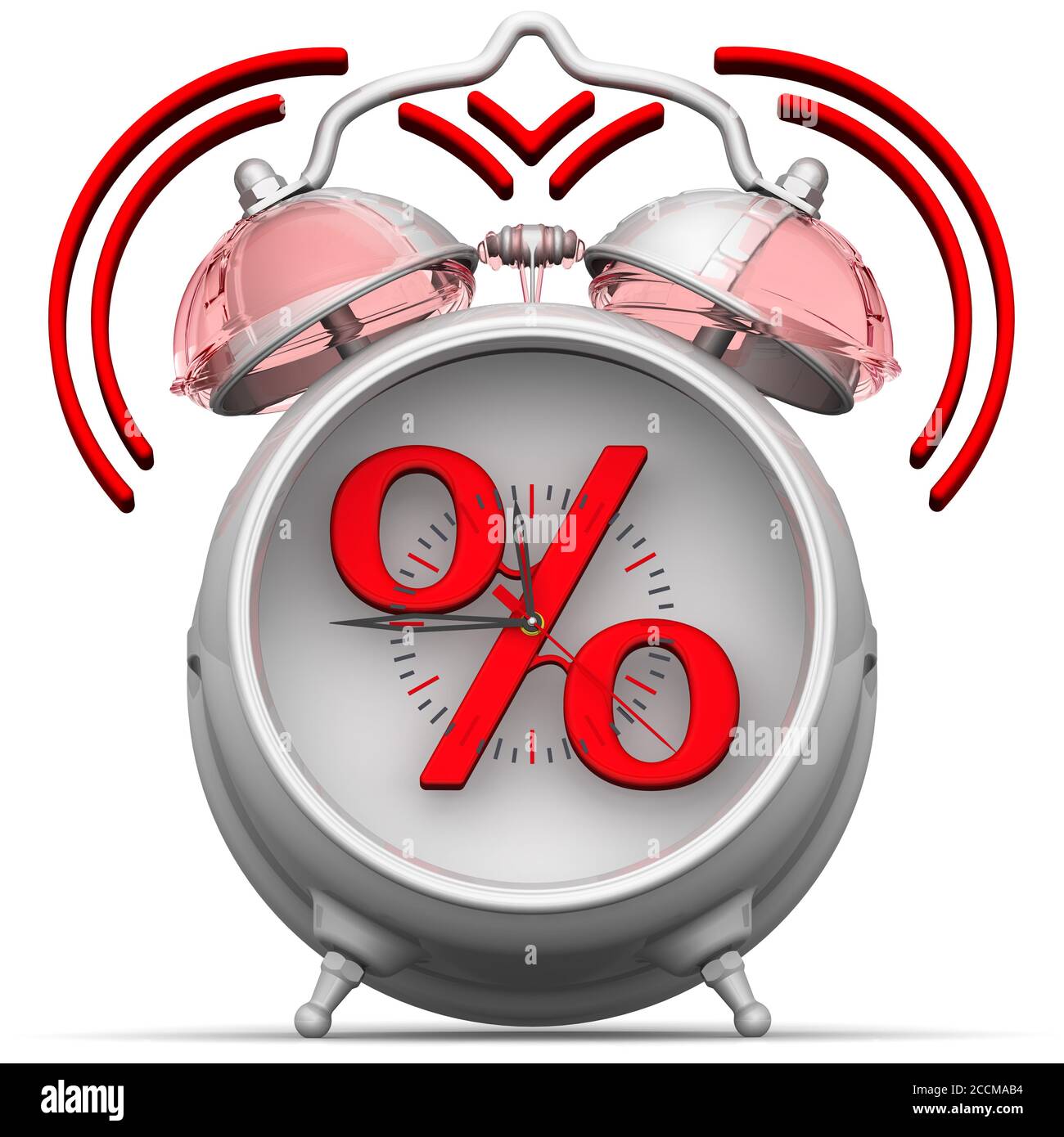 Alarm clock with red percentage sign on white surface. 3D illustration ...