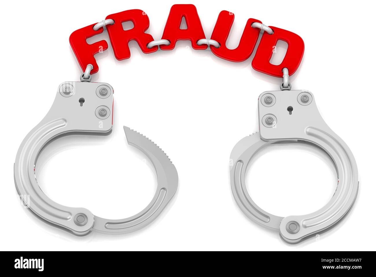 Steel handcuffs with red word FRAUD instead of a chain, isolated on ...