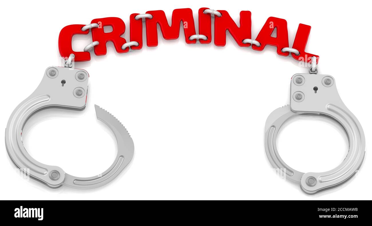 Criminal. Handcuffs with an inscription. Steel handcuffs with red word ...
