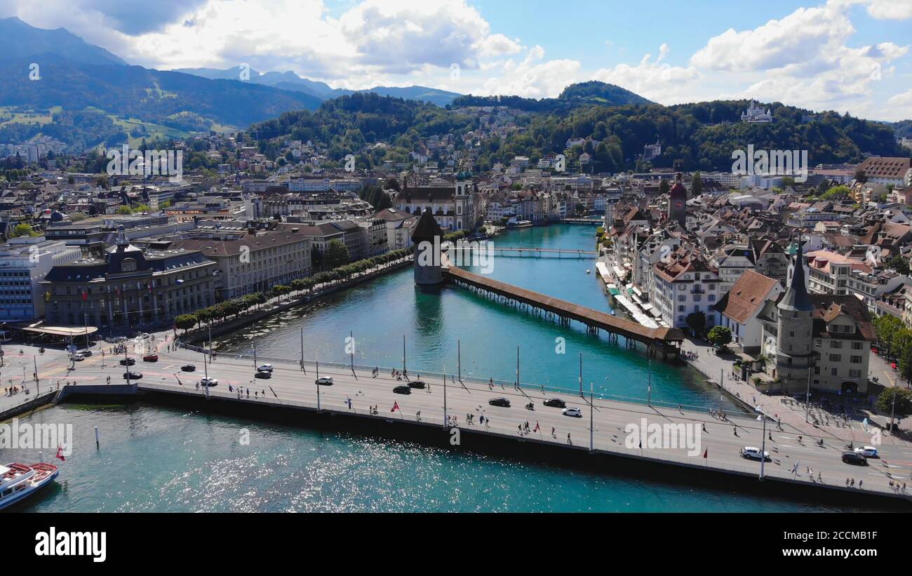 Aerial view over the city of Lucerne Switzerland and Lake Lucerne Stock ...