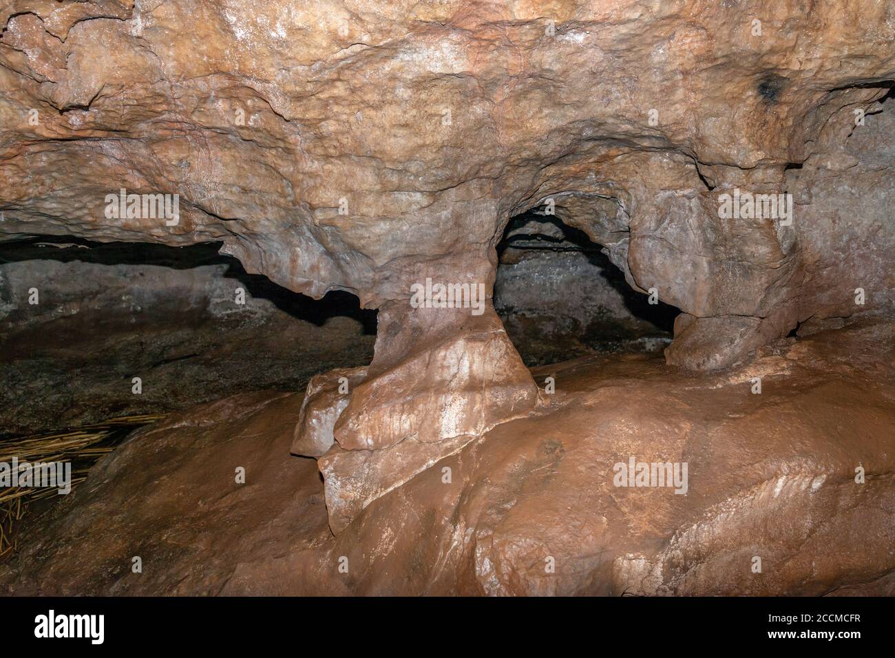 The inside of a limestone cave. The rock is covered with mud. Holes ...