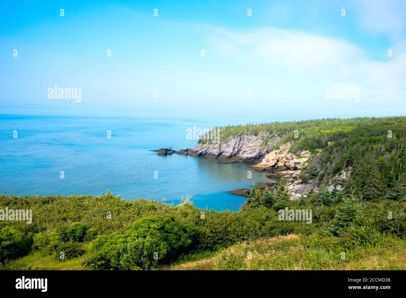 Scenic coastal view. Fog over the ocean in the distance. Blue ocean and ...