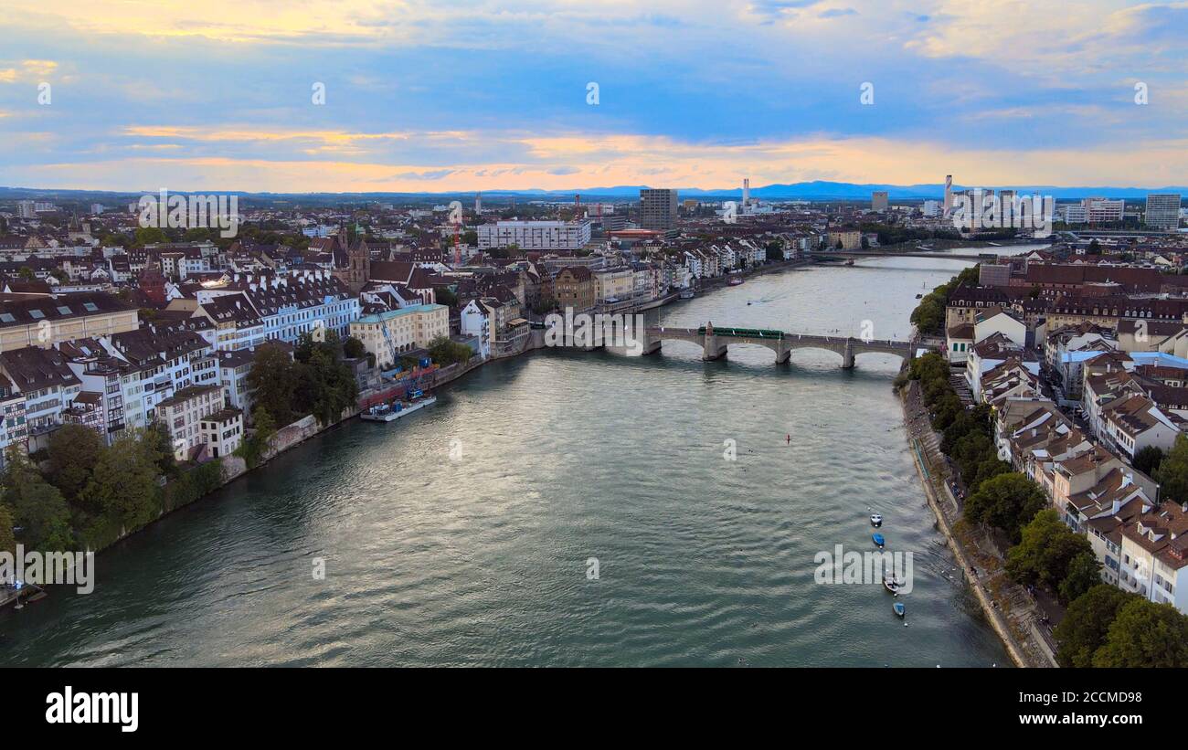 River Rhine in the city of Basel Switzerland - aerial view in the ...