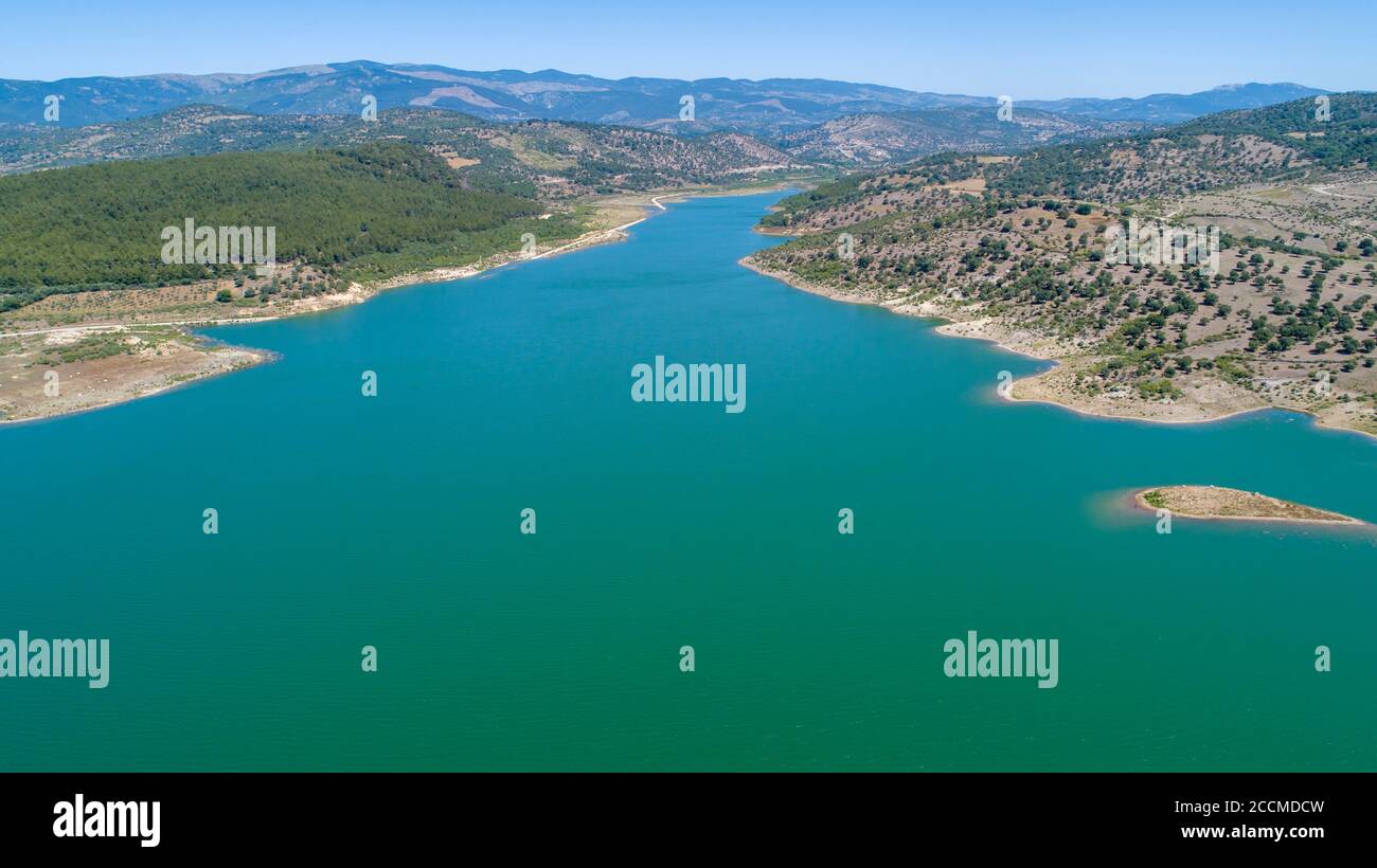 Aerial View blue lake and baragge Landscape Stock Photo - Alamy
