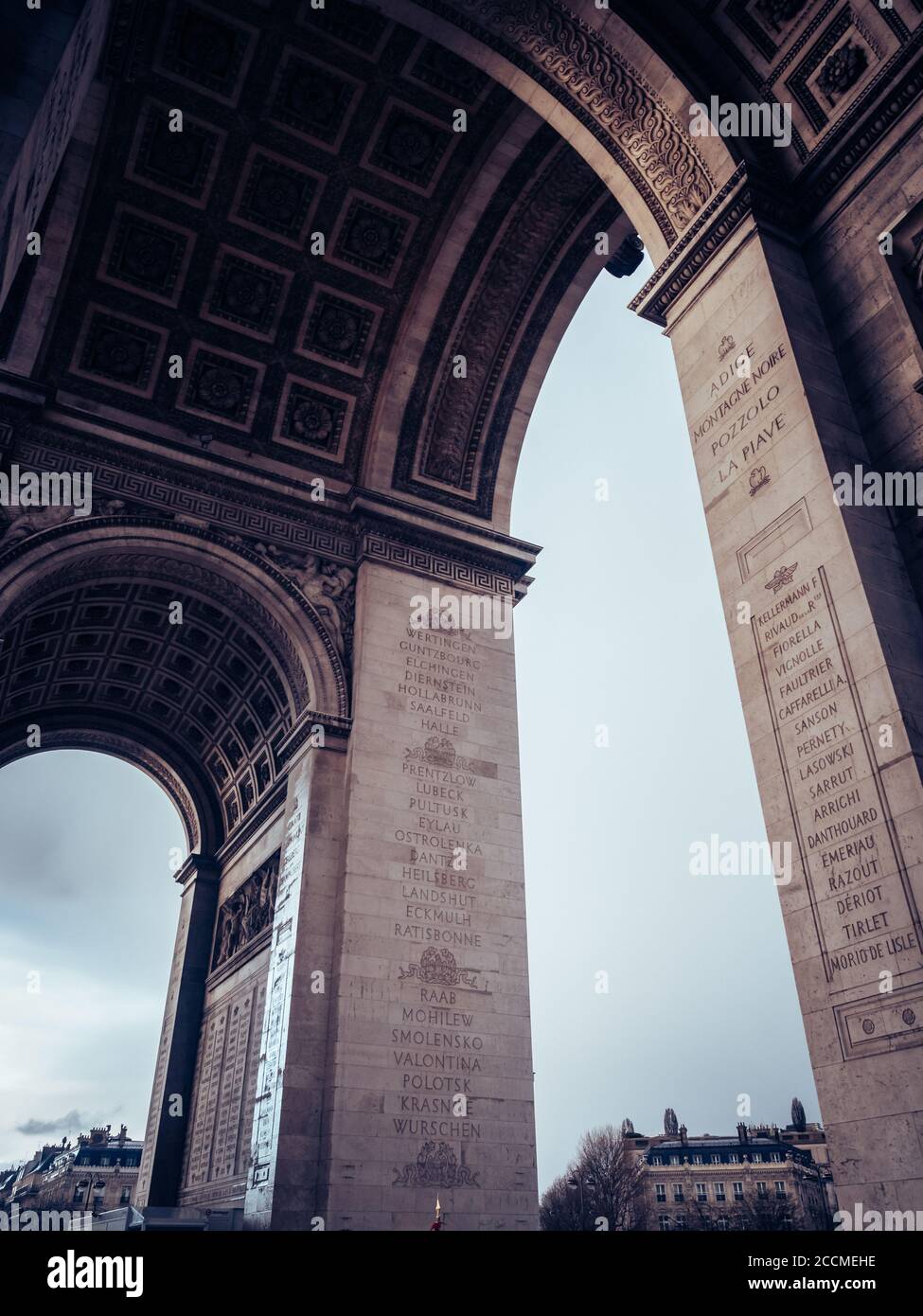 Low angle vertical shot of the inside of the Arc de Triomphe Stock ...