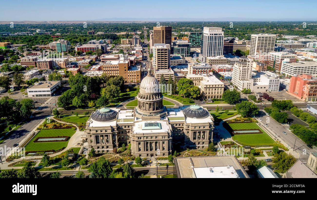 Aerial of Boise Idaho with Train Depot and capital in alignment Stock ...