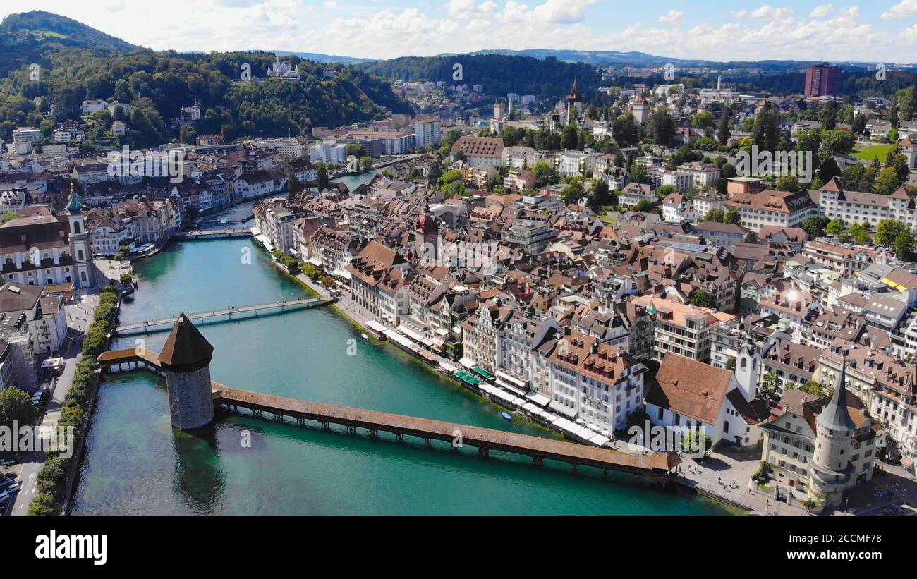 Amazing aerial view over the historic district of Lucerne in ...