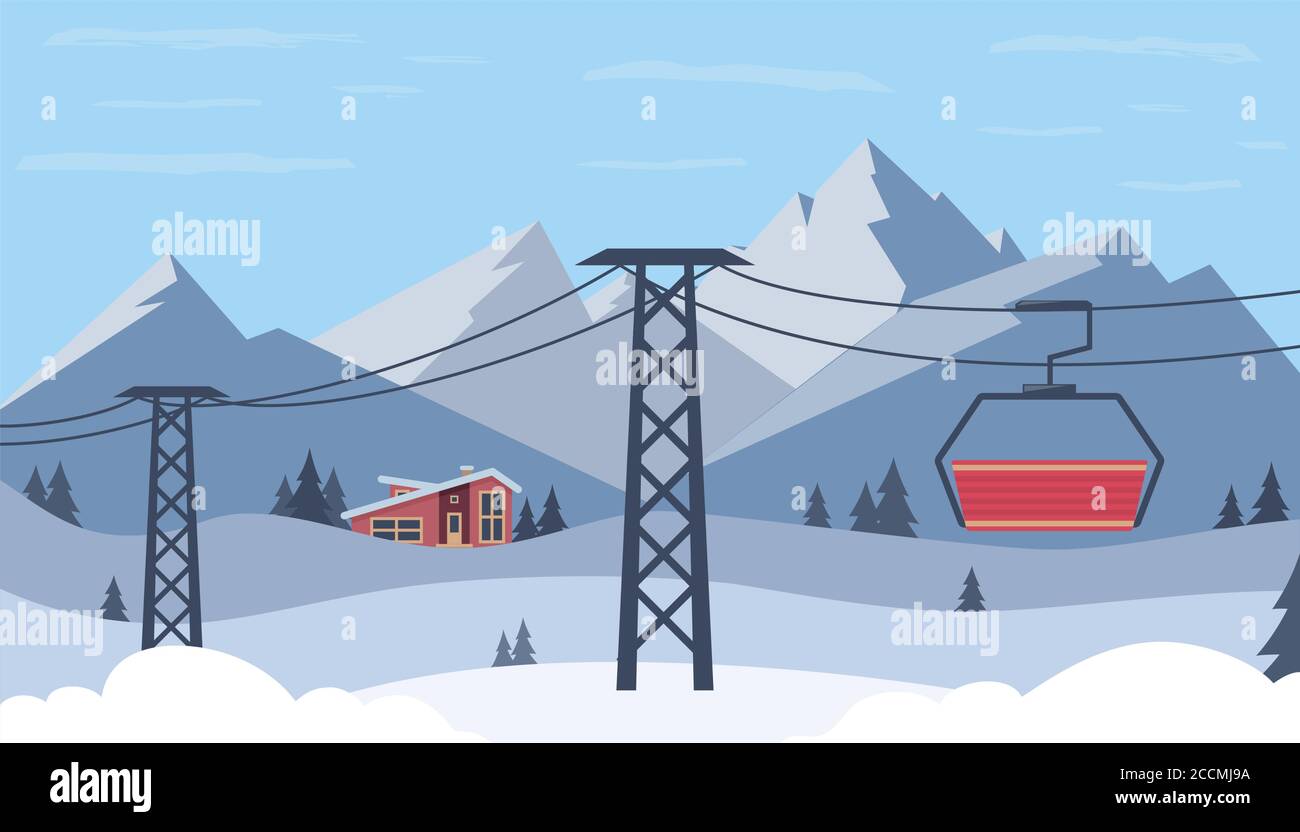 Ski resort. Winter mountain landscape with lodge, ski lift. Mountain ...
