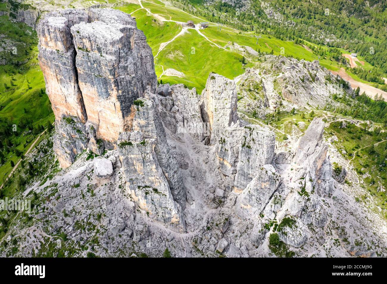 Aerial view of the Cinque Torri rock formation in northern Italian alps ...