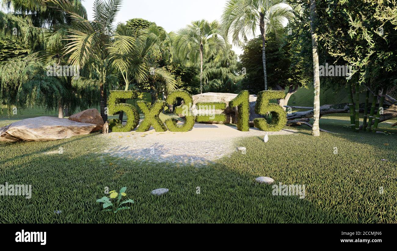 3D rendering of a mathematical equation with grassy texture on nature ...