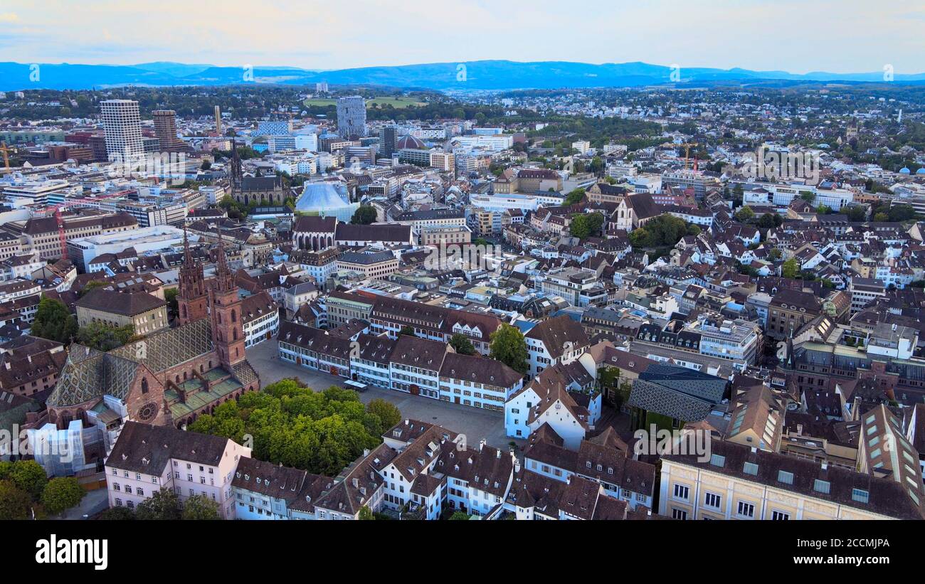 Historic district of Basel in Switzerland and River Rhine - aerial view ...