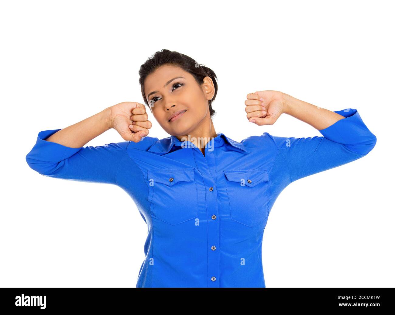 Closeup portrait of a tired fatigued woman stretching extending arms ...