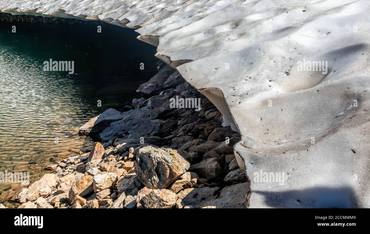 Glacial lake of melting ice of glacier and rocks in Summer. Partially ...