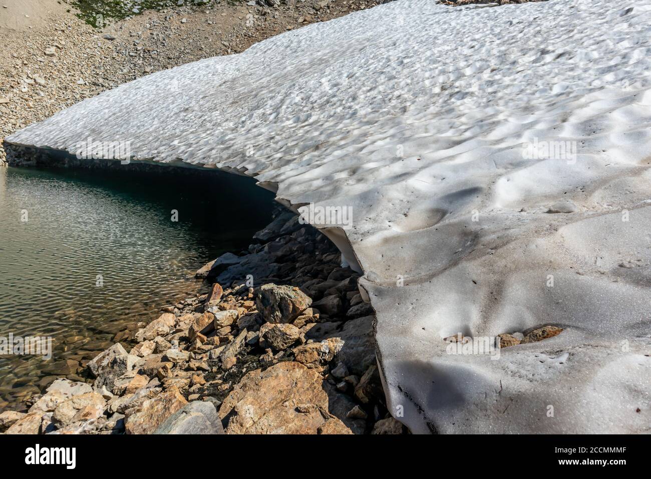 Glacial lake of melting ice of glacier and rocks in Summer. Partially ...