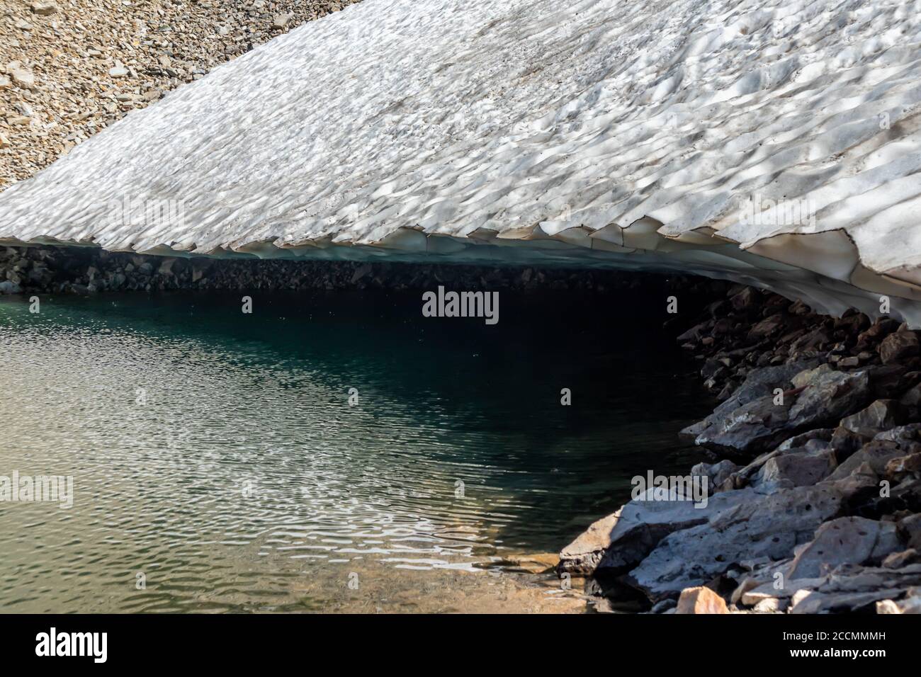 Glacial lake of melting ice of glacier and rocks in Summer. Partially ...