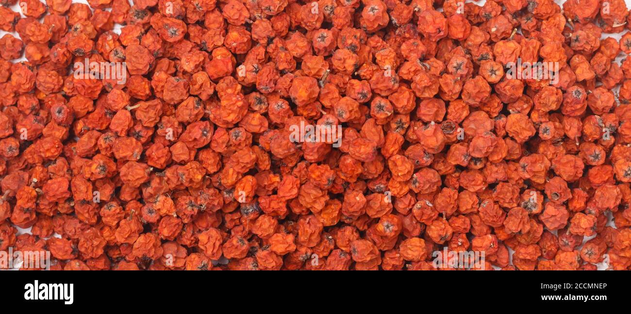 Dried Rowan berries close-up. Culinary background. Selective focus, top ...