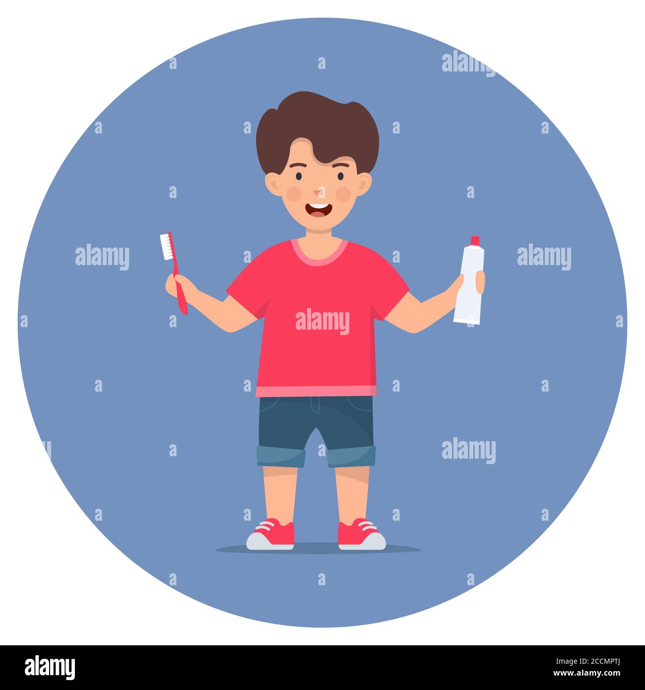 Happy boy kid holding toothbrushe and toothpaste tube. Children ...