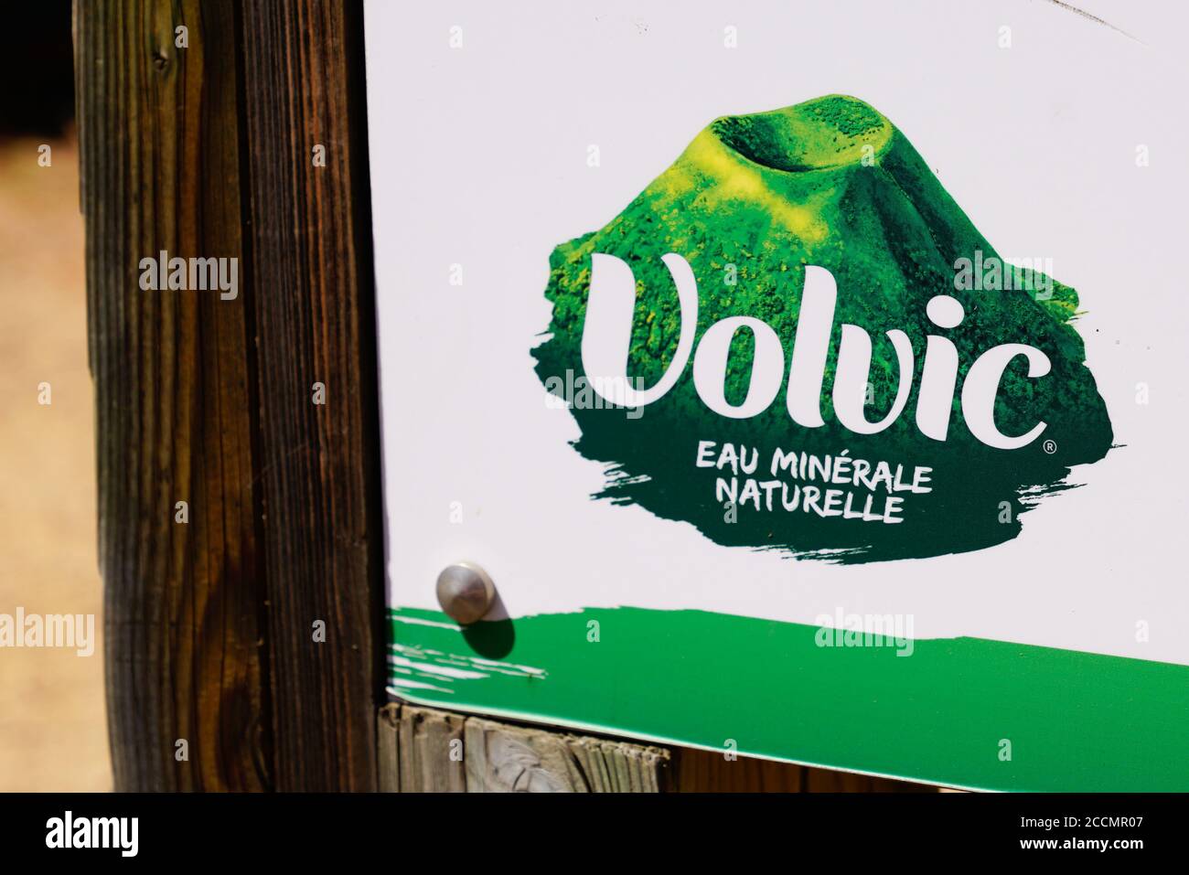 Volvic , puy de dome / France - 08 16 2020 : volvic billboard with sign ...
