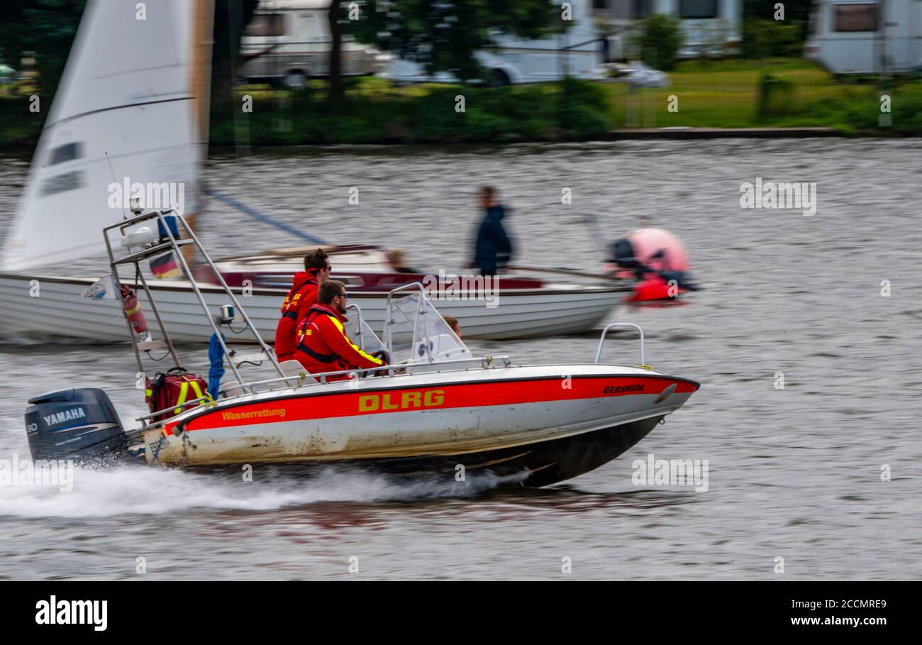 Baldeneysee, Sailing boat, DLRG's ship at an alarm trip, Essen, NRW ...
