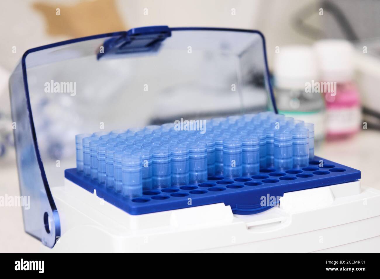 Blue one millilitre pipette tips in the box. Chemical laboratory Stock ...