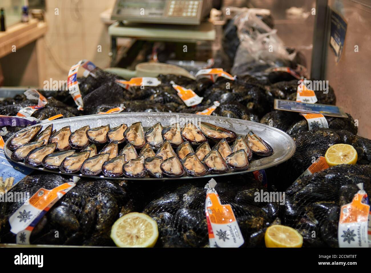 Platters with raw mussels seafood at sardinian fish market Stock Photo ...