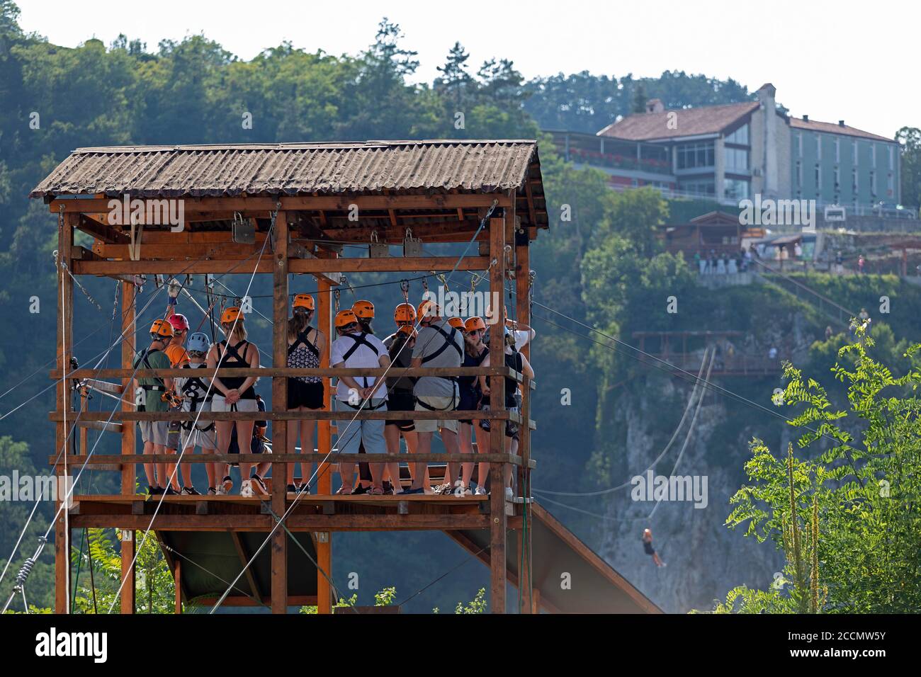 people wating to ride on the zip line, Pazin, Istria, Croatia Stock ...