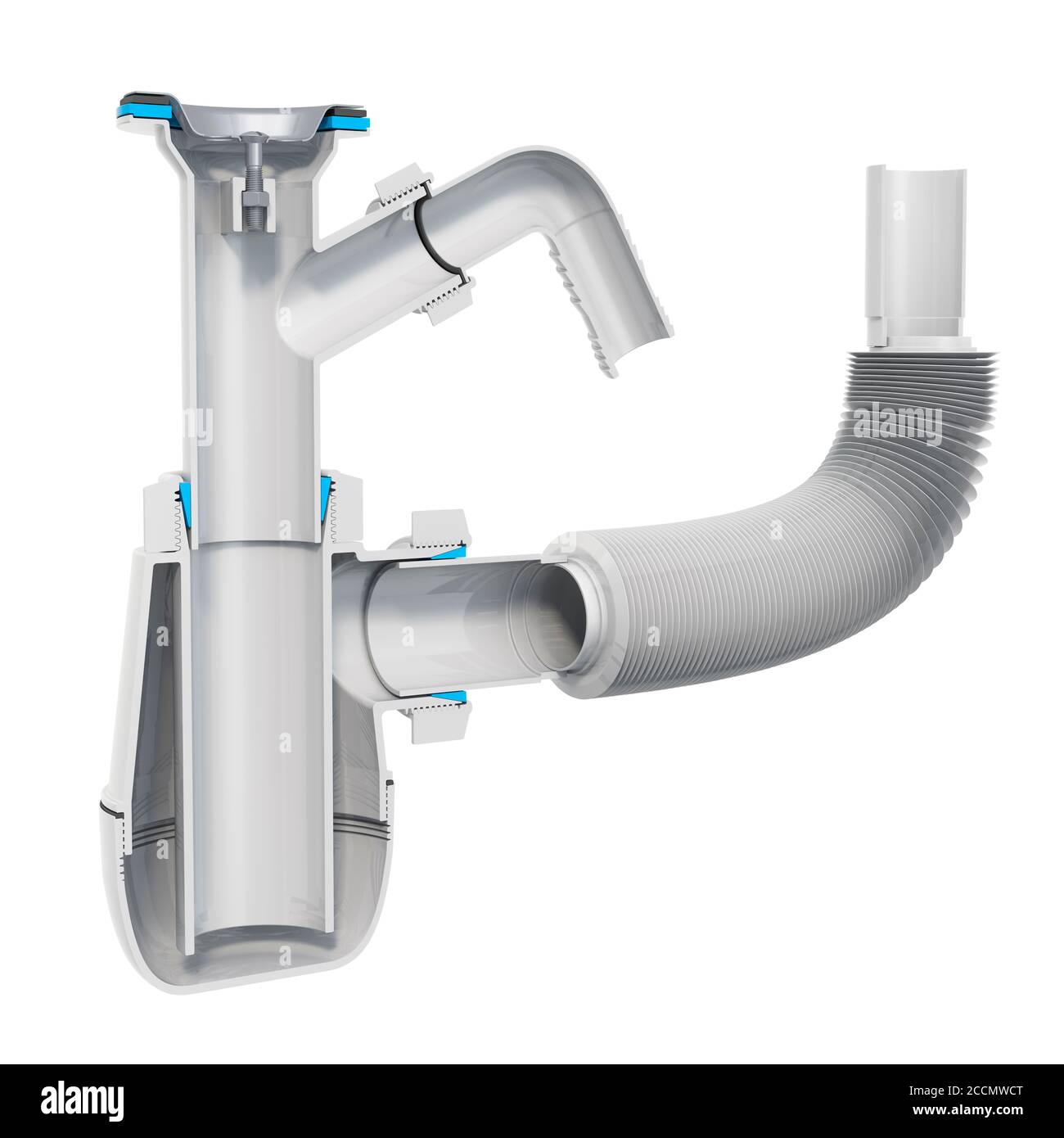 Cross-section of siphon for sink, 3D rendering isolated on white ...