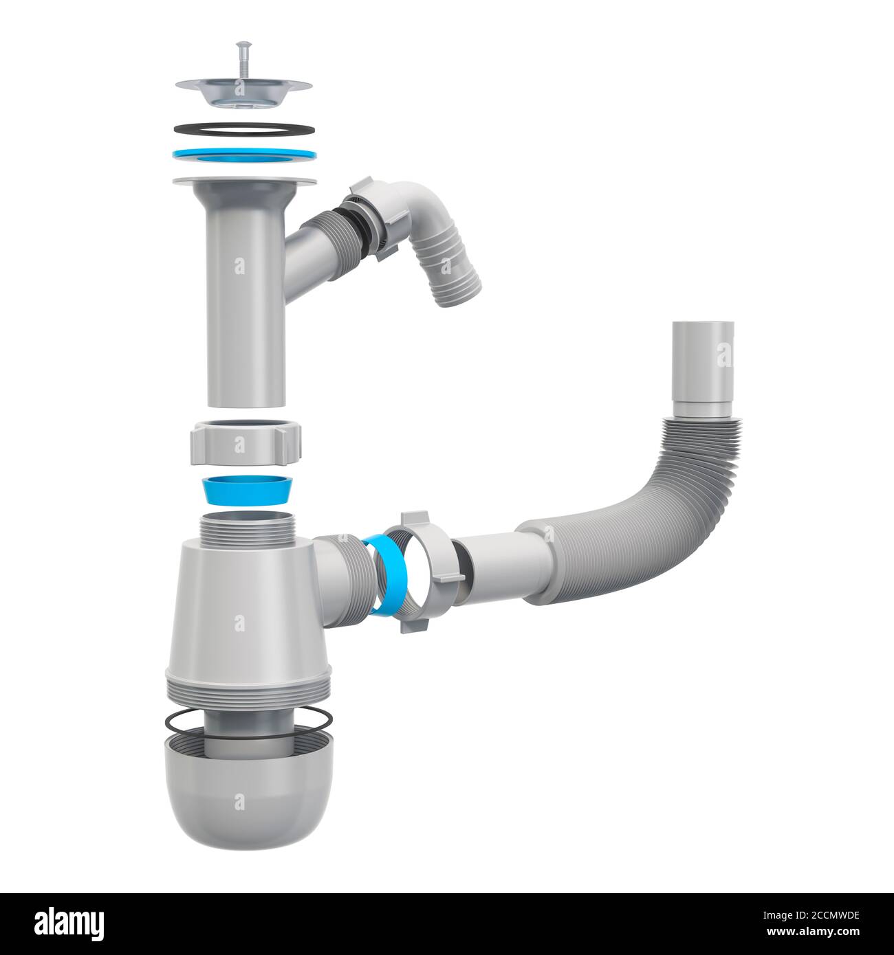 Parts of Siphon for Sink, 3D rendering isolated on white background ...