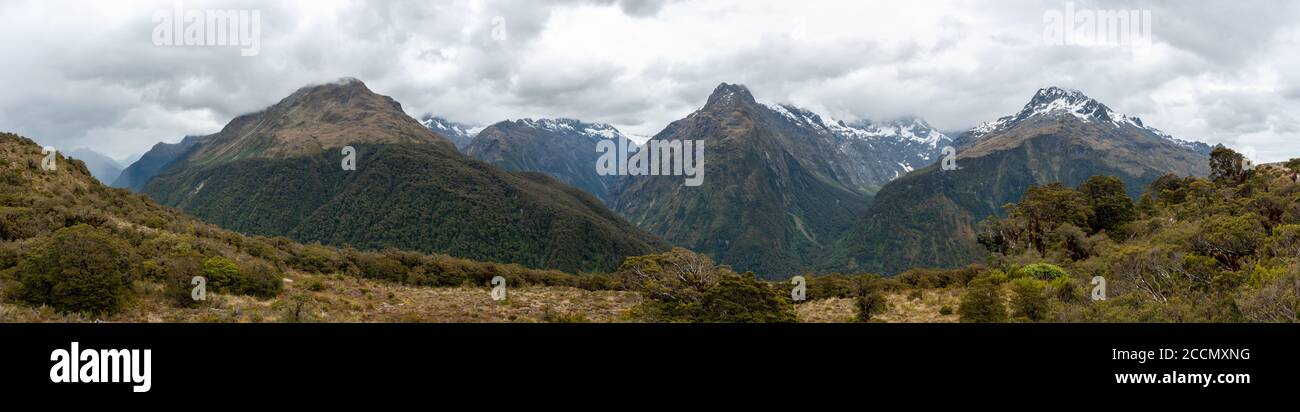 Panoramic view from Key Summit to the mountains of Fiordland National ...