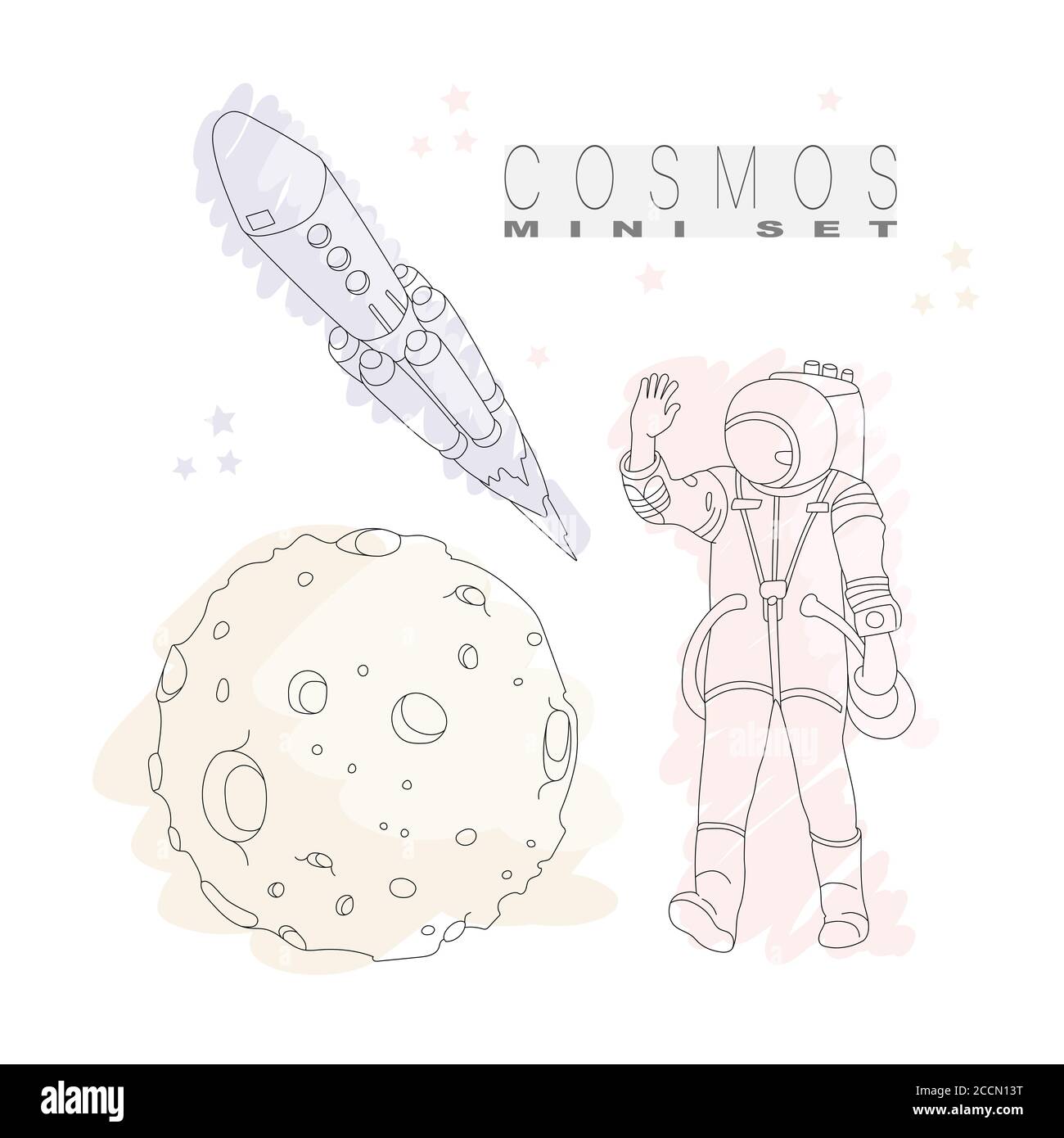 Vector mini set COSMOS, SPACE. Astronaut, rocket and moon. Outline ...