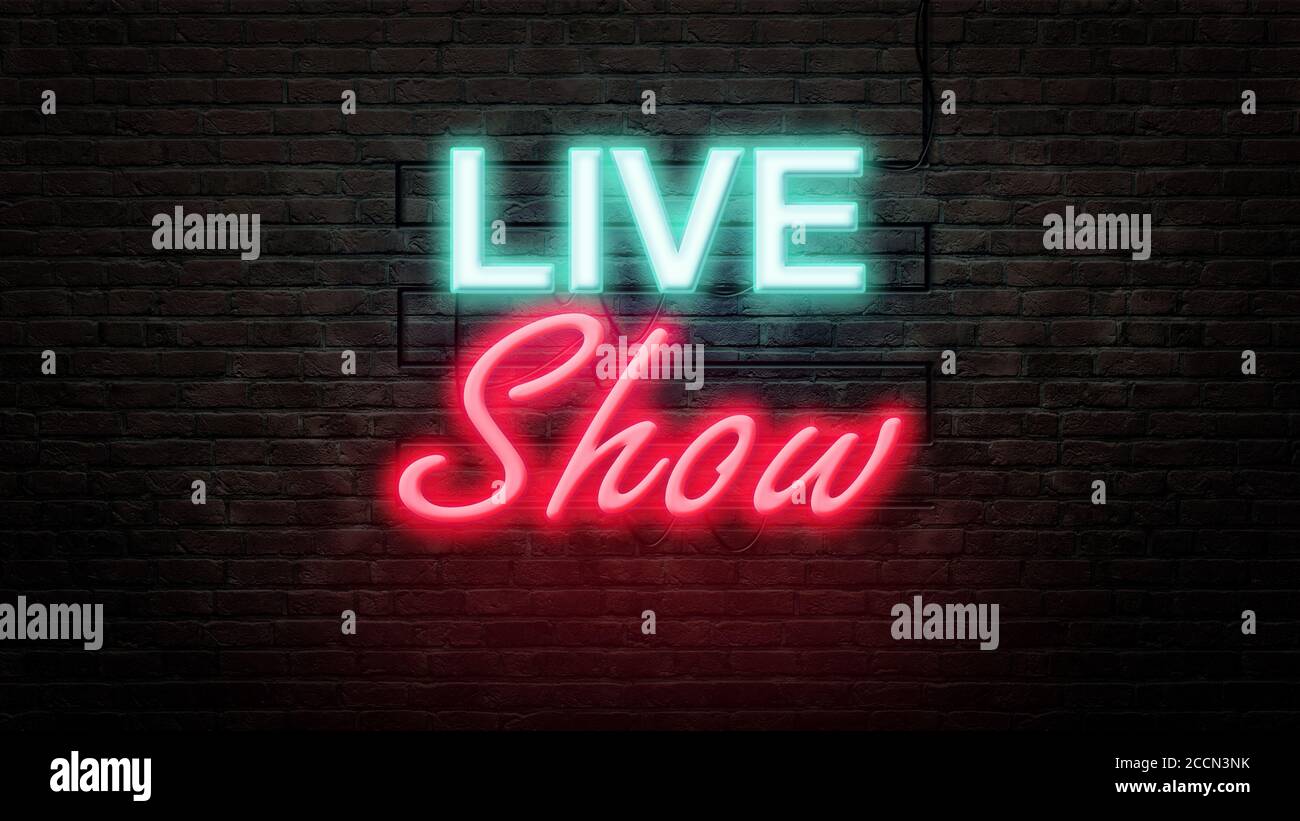 live show sign emblem in neon style on brick wall background Stock ...
