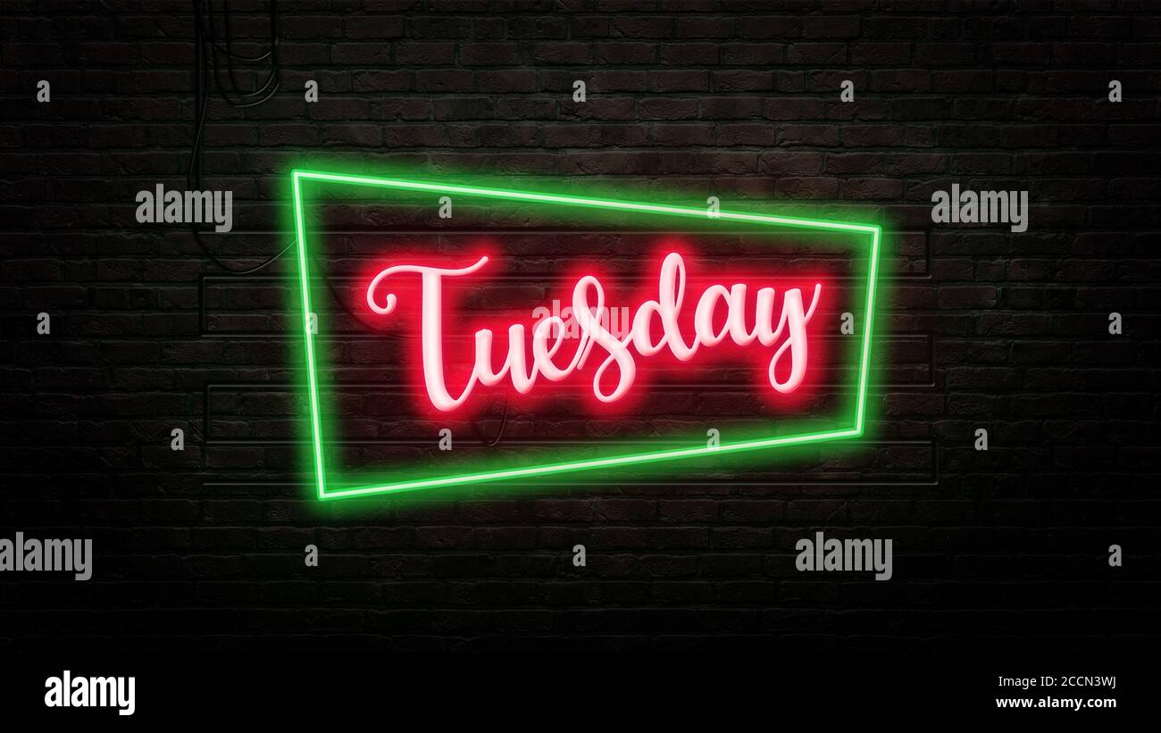 Tuesday sign emblem in neon style on brick wall background Stock Photo ...
