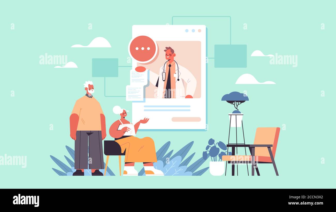 doctor in web browser window consulting senior patients online ...