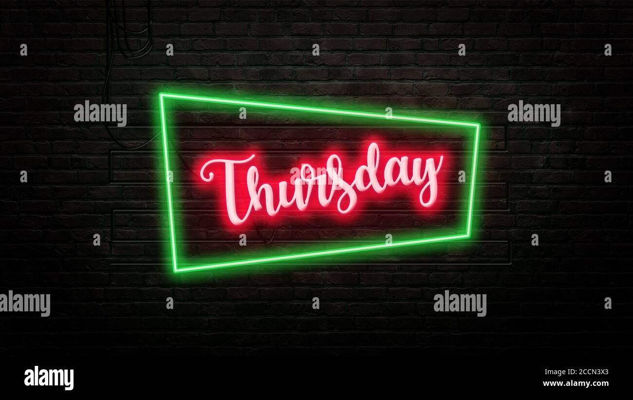 Thursday sign emblem in neon style on brick wall background Stock Photo ...