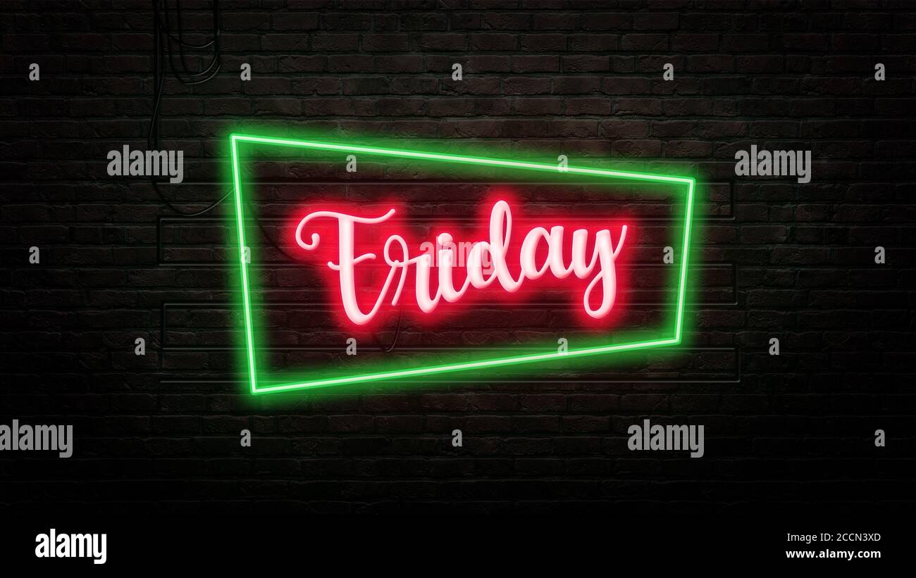 Friday sign emblem in neon style on brick wall background Stock Photo ...