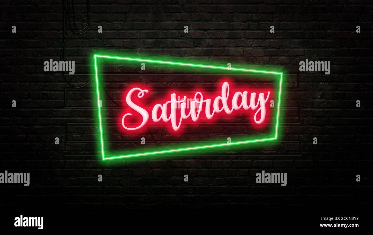 Saturday sign emblem in neon style on brick wall background Stock Photo ...