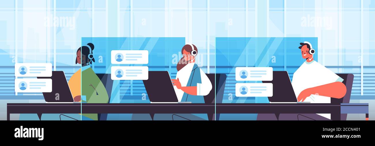 operators with headset chatting with clients call center agents working ...
