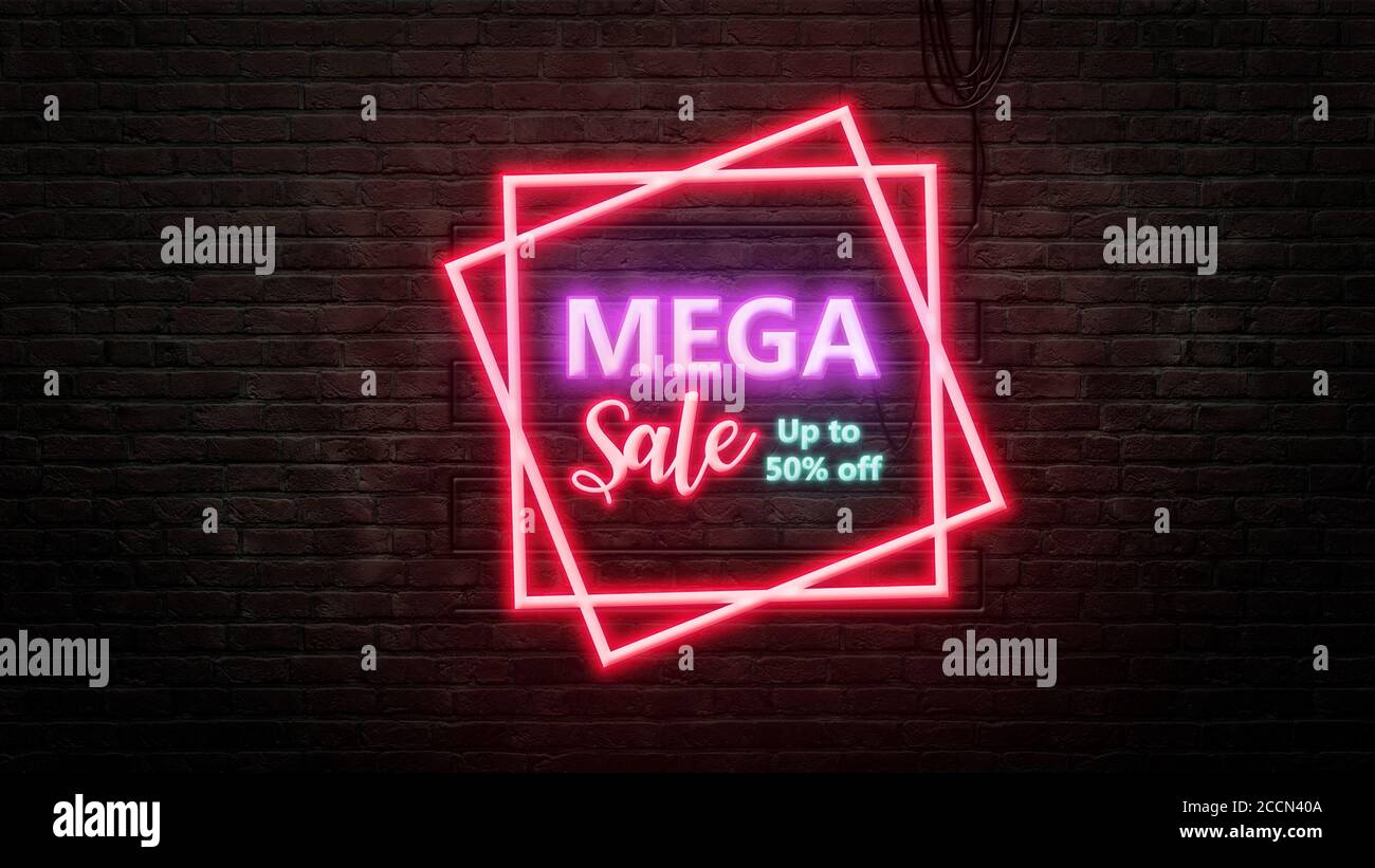 MEGA SALE sign emblem in neon style on brick wall background Stock ...