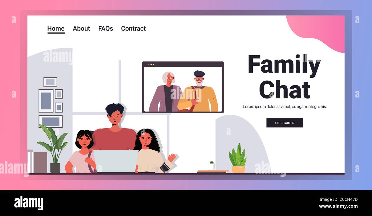father and children having virtual meeting with grandparents in web ...