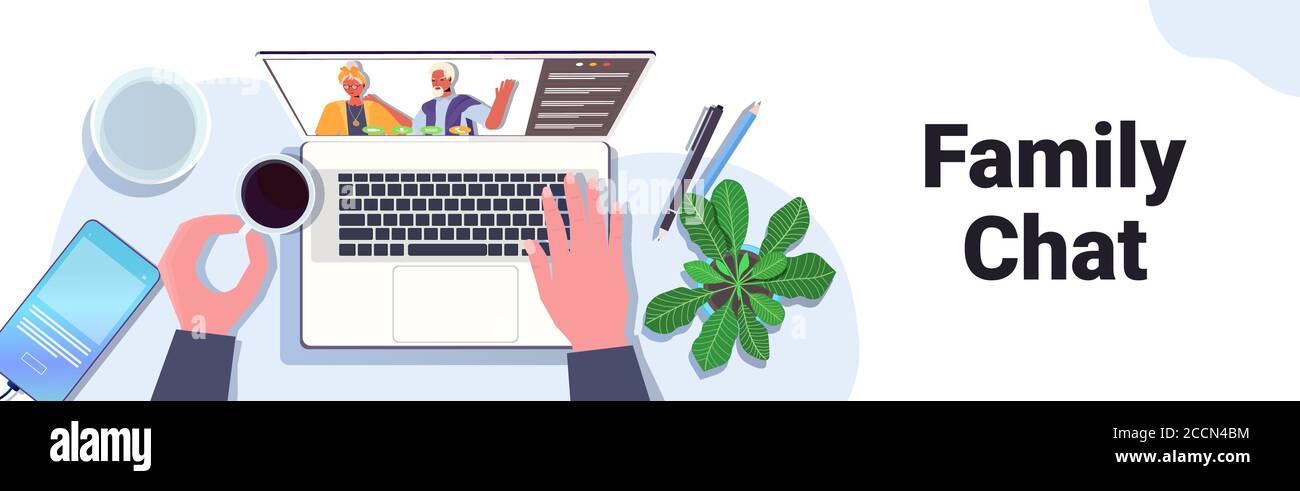 hands using laptop chatting with grandparents during virtual meeting ...