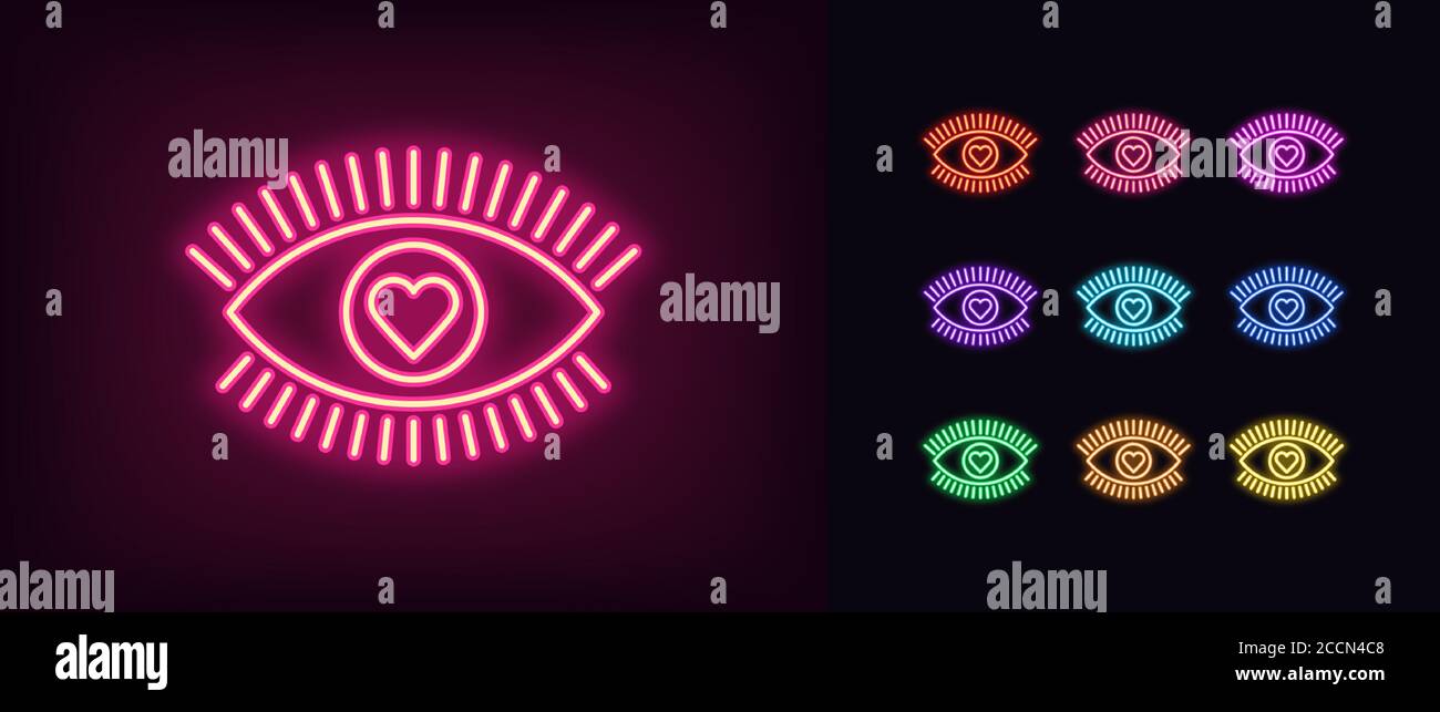 Neon love eye icon. Glowing neon eye sign with heart iris, healthy ...