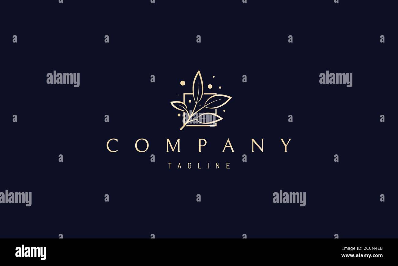 Vector golden logo on which an abstract image of twigs with leaves in a ...