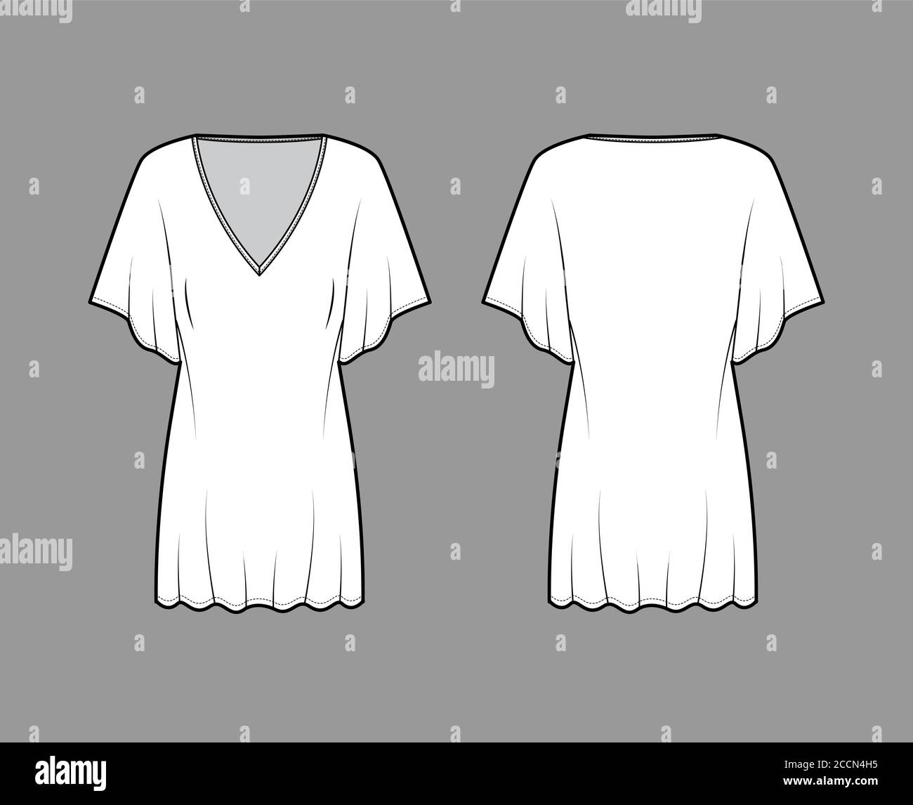 Kaftan dress technical fashion illustration with deep V-neck, batwing ...