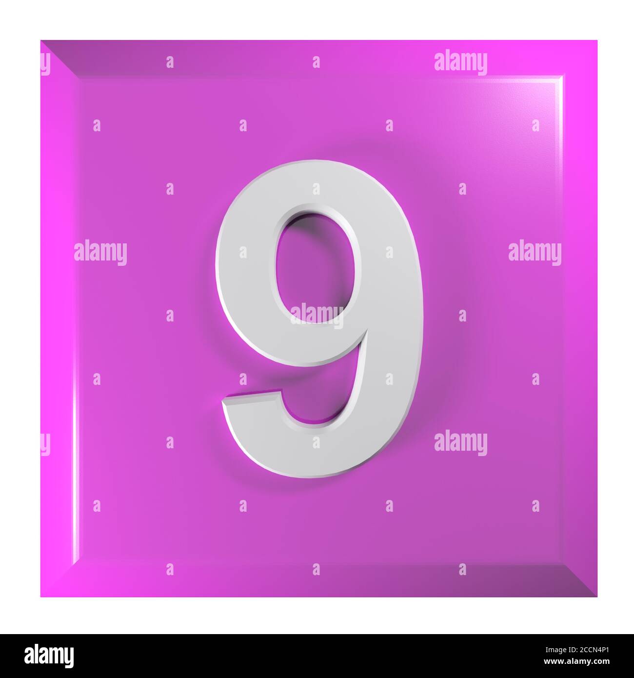 Number 9 purple pink square button on white background - 3D rendering ...